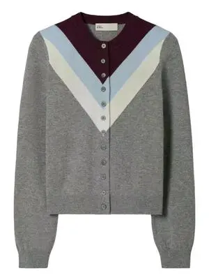 Tory Burch Chevron Wool-cashmere Blend Cardigan - Grey