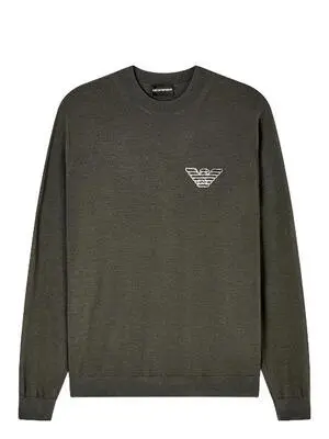 Emporio Armani Plain-knit Virgin Wool Jumper With Eagle Patch - Natural