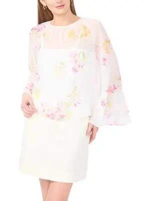 Vince Camuto Floral Flutter Sleeve Top - Lemon Cream