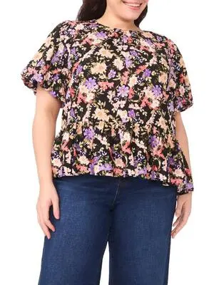 CECE DUPRAZ Floral Puff Sleeve Peplum Top - Rich Black