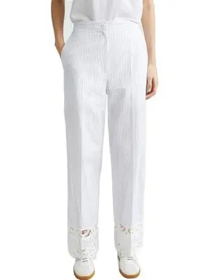 EENK Lace Trim Pinstripe Wide Leg Pants - Ivory/black