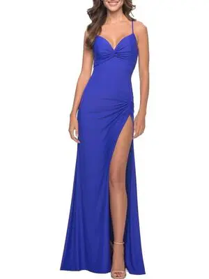 LABOMME Jersey Column Gown With Knotted Detail - Royal Blue