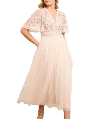 NEEDLE & THREAD Rosie Lace Bodice V-neck Ballerina Gown - Cream/multi