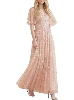 NEEDLE & THREAD Leila Dot V-neck Cape Ankle Gown - Parchment