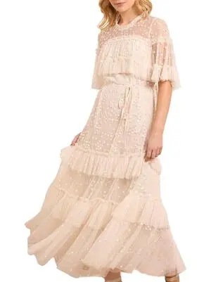 NEEDLE & THREAD Leila Dot Tiered Cape Ankle Gown - Cream