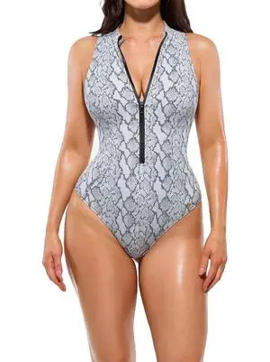 POPILUSH Zip-front One-piece Swimsuit - Snack Print
