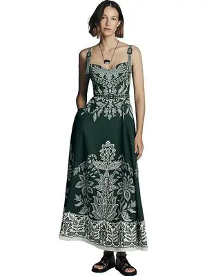 Farm Rio Miranda A-line Sweetheart Midi Dress - Miranda Dark Green