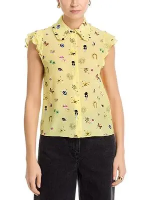 Alice + Olivia Martel Silk Flutter Sleeve Blouse - Lucky Star