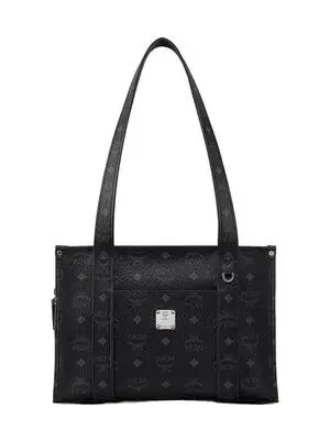 Mcm Visetos Monogram Canvas Tote Bag With Nappa Leather Trim - Black