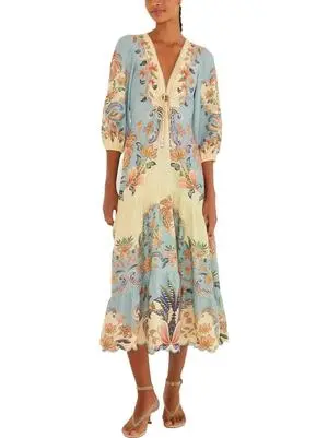 Farm Rio Floral Print V-neck Midi Dress - Blue