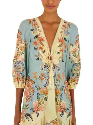 Farm Rio Floral Print V-Neck Midi Dress Blue