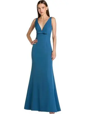 Mac Duggal Crepe Sleeveless V-neck Mermaid Gown With Bow - Blue