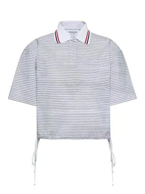 Thom Browne 4-bar Striped Poplin Polo Top - Grey
