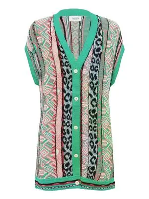 LANEUS Patterned V-neck Cardigan - Green