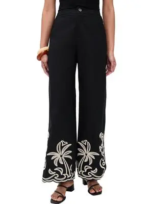 LITTLE LIES Palm Embroidery Wide Leg Pants - Black