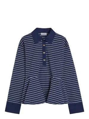 GANNI Striped Peplum Piqué Cotton Polo Shirt - Navy