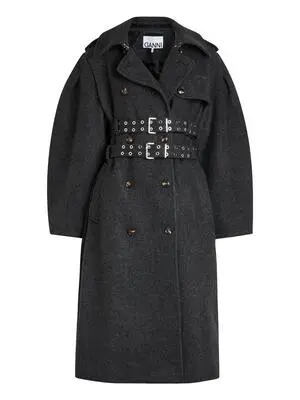 GANNI Belted Wool-blend Trench Coat - Black