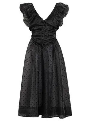 GANNI Polka-dot Ruched Organza Midi Dress - Black