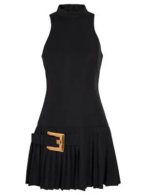 Balmain Belted Pleated Wool Mini Dress - Black