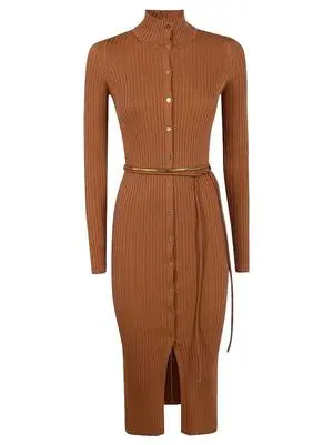 Elisabetta Franchi Belted Midi Knit Dress - Brown