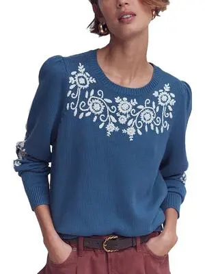 Boden Davina Embroidered Puff Sleeve Sweater - True Navy/ Embroidery