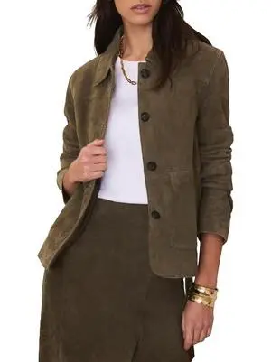 Mint Velvet Suede Jacket With Button-front Pockets - Khaki