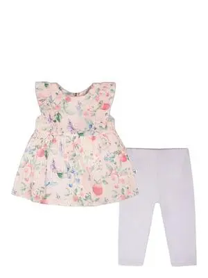 DEUX PAR DEUX Cotton Muslin Tunic And Rib Jersey Leggings Set - Pink Printed Berries & Lilac