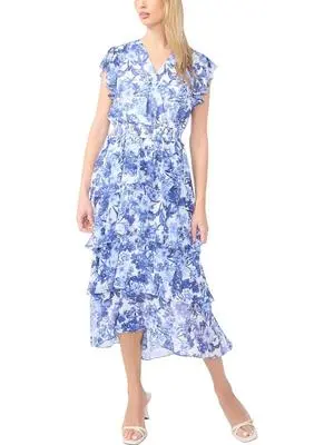 Halogen Floral Tiered Flutter Sleeve Maxi Dress - Classic Navy