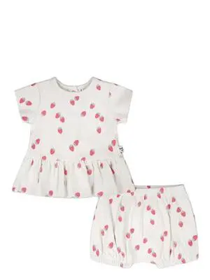 DEUX PAR DEUX Cotton Rib Jersey Strawberries Printed Top And Short Set - White Printed Strawberries