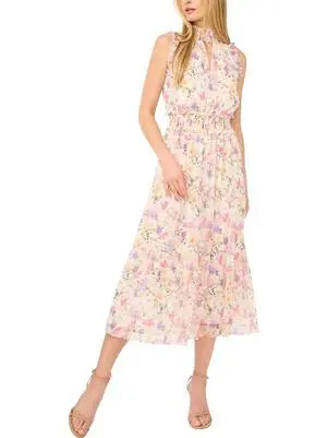 CECE DUPRAZ Floral Print Mock Neck Midi Dress - New Ivory