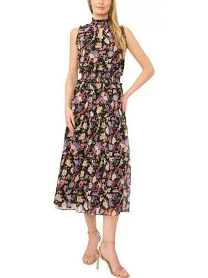 CECE DUPRAZ Floral Print Mock Neck Midi Dress - Rich Black