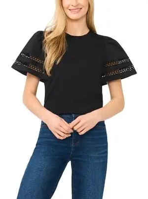 CECE DUPRAZ Embroidered Short Sleeve Cotton Top - Rich Black