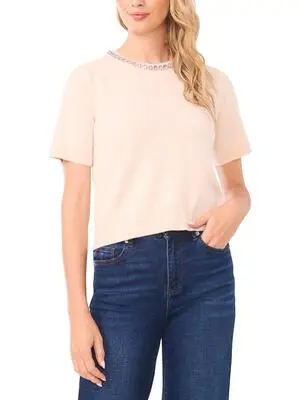 CECE DUPRAZ Rhinestone Embellished Short Sleeve Sweater - Eggshell