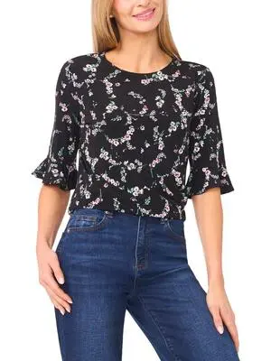 CECE DUPRAZ Floral Ruffle Sleeve Top - Rich Black