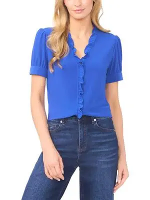 CECE DUPRAZ Ruffle Trim Button-up Knit Top - Dp Royal Blue