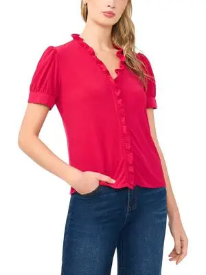 CECE DUPRAZ Ruffle Trim Button-up Knit Top - Rose Cerise
