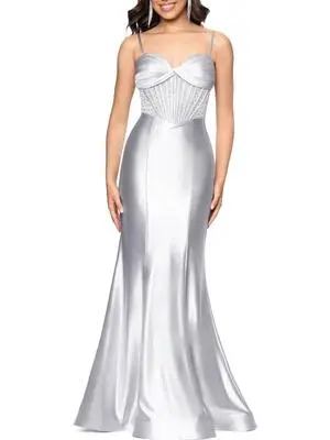 Betsy & Adam Metallic Satin Trumpet Gown - Silver