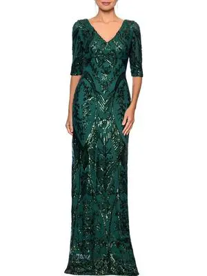 Betsy & Adam Sequin V-neck Gown - Emerald