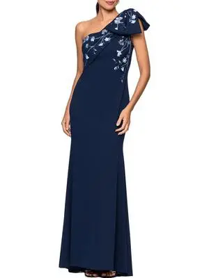 Betsy & Adam One-shoulder Floral Embroidered Gown - Navy