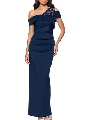 Betsy & Adam One-shoulder Lace-mesh Sheath Dress - Navy/nude/navy