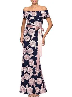 Betsy & Adam Soutache Floral Off-the-shoulder Gown - Navy/rose