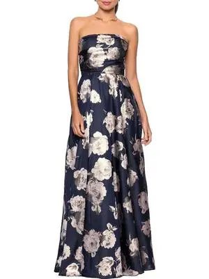 Betsy & Adam Jacquard Burnout Strapless Gown - Navy/blush