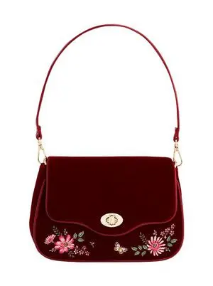 FABLE ENGLAND Mary Floral Embroidered Velvet Clutch - Dark Red