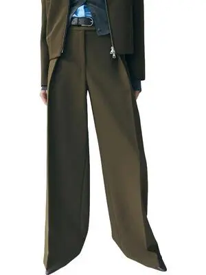 Mango Belted Pleated Straight Leg Trousers - Khaki Green