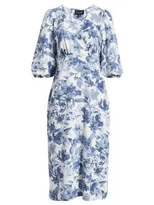CONNECTED APPAREL Floral Print Puff Shoulder Midi Dress - Blue
