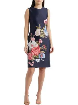Anne Klein Floral Print Sleeveless Sheath Dress - Deep Navy Multi