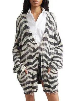 R13 Oversized Distressed Zebra Print Linen Blend Cardigan - Black And White Zebra