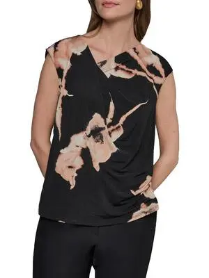 Donna Karan New York Floral Asymmetric Neck Top - Black Multi