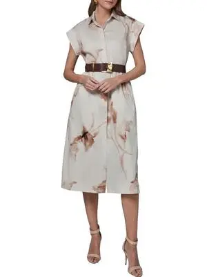 Donna Karan New York Abstract Floral Stretch Cotton Midi Shirt Dress - Light Tuscan Grey Multi