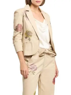 Cinq À Sept Beaded Floral Cotton Blend Jacket - Khaki Multi